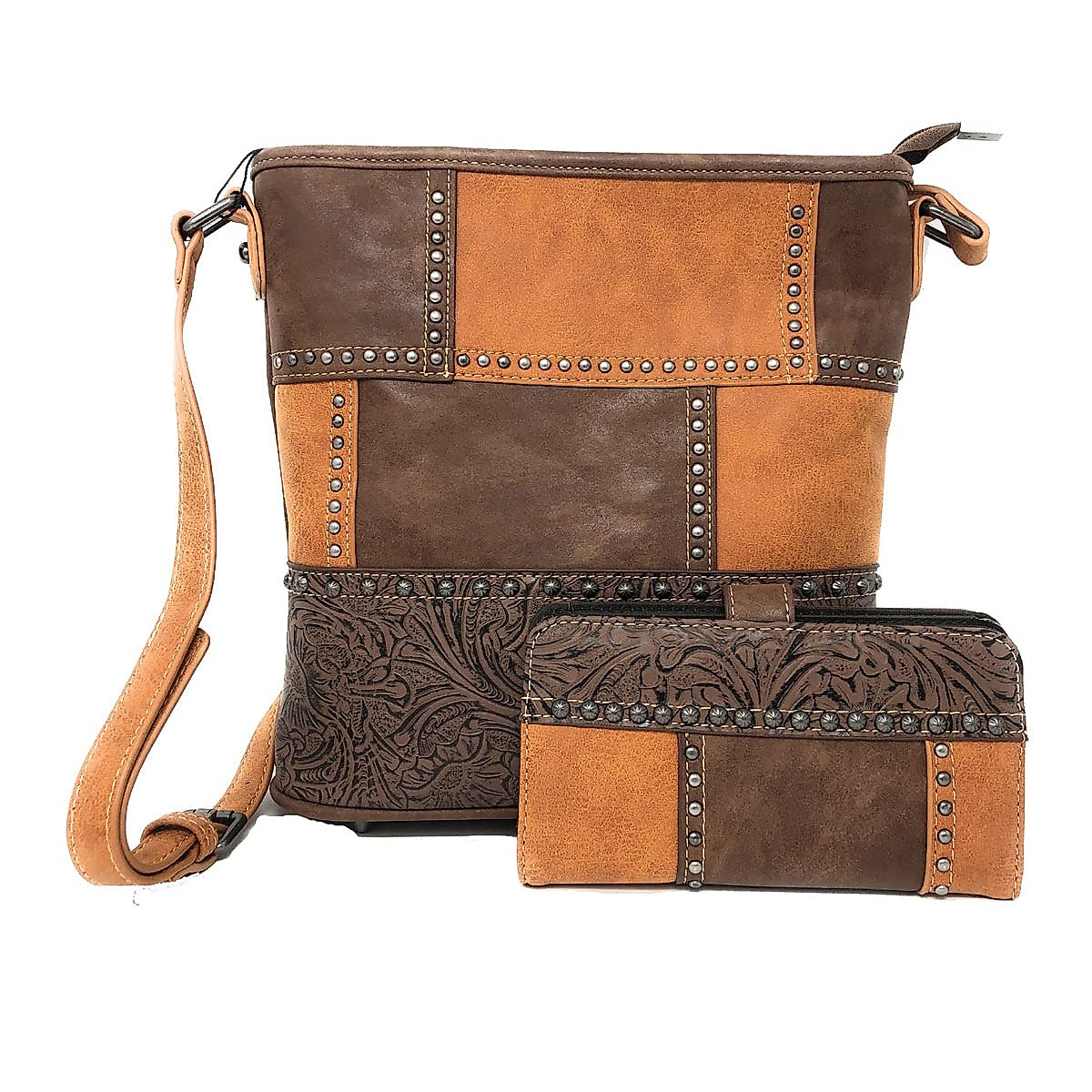 American Bling Concealed Gun Messenger Purse Wallet Set Tooling Patchwork Coffee, Medium