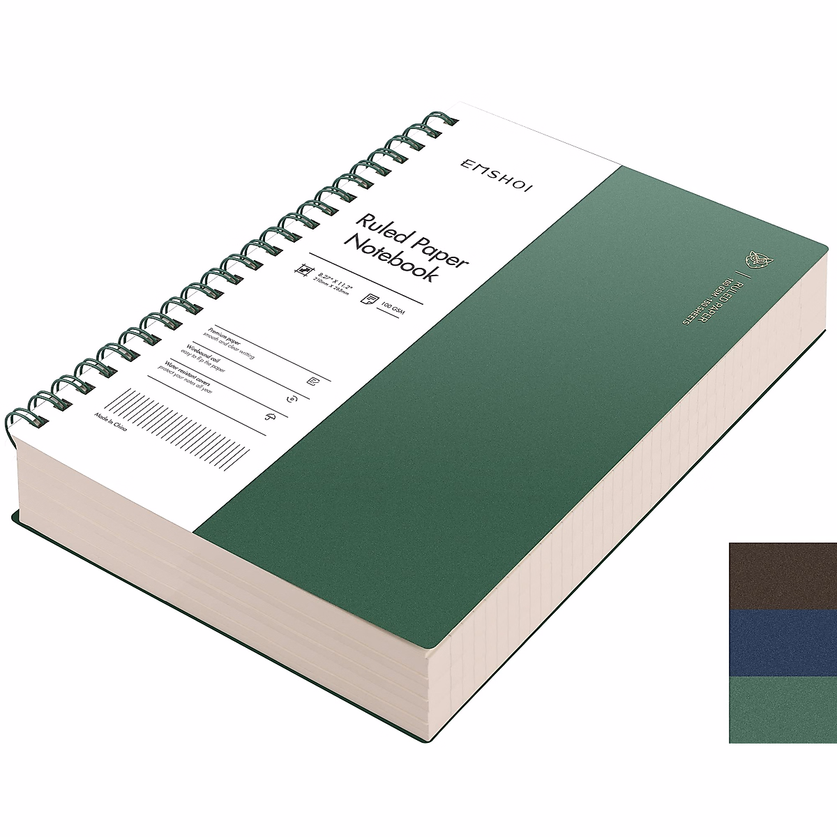 EMSHOI A4 Spiral Notebook College Ruled, 11.2" X 8.27", 150 Sheets/300 Pages, 100gsm Thick Lined Journal, Waterproof Softcover, Twin-Wire Binding, for School Work Business Writing, Gifts - Green