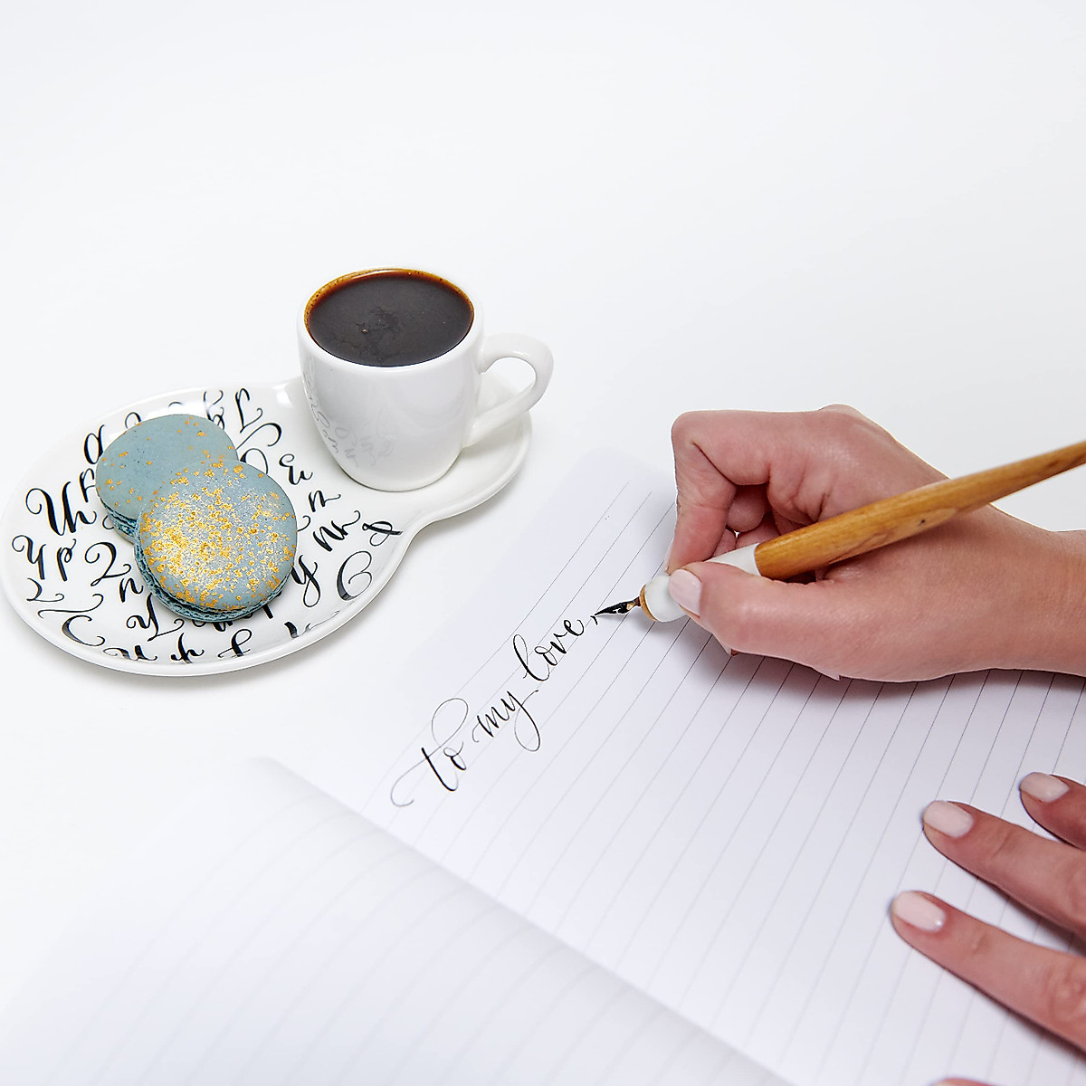 Truly.Madly Ink Armenian Alphabet Espresso Cups with Saucers, Set of 6, Armenian Coffee Cups with Handle, 3 oz. Porcelain Cups with Plates