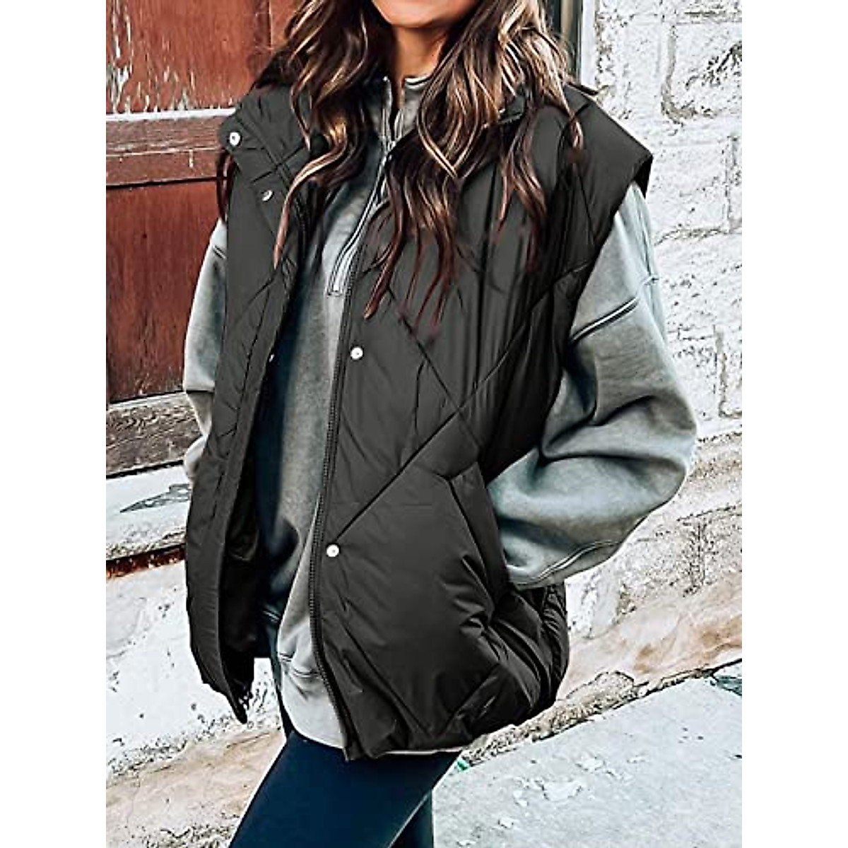 MEROKEETY Puffer Vest for Women Lightweight Fall Snap Button Quilted Jacket Coat with Pockets,Black,XL