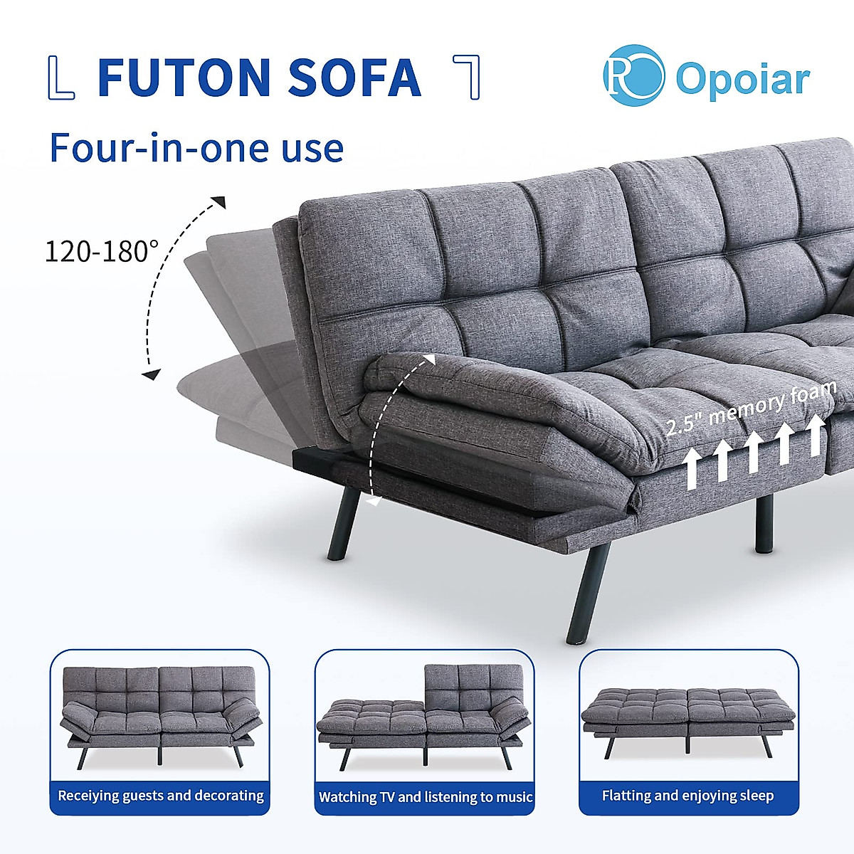 Opoiar Futon Sofa Bed, Faux Leather Memory Foam Couch Futon Sets, Convertible Sofa Daybed with Mattress Included, Modern Convertible Love seat Sofa Bed for Small/Compact Living Space, Black, 71 x 33 x 31.5 inches