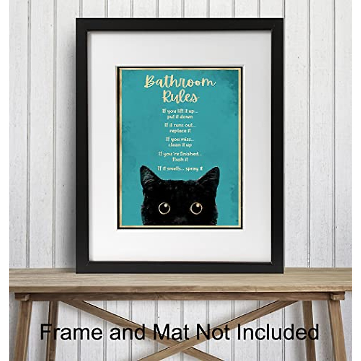 Bathroom Rules Wall Decor - Cat Bathroom Decor - Funny Bathroom Wall Art - Bath Wall Decor - Powder Room - Guest Bathroom - Restroom Sign - Blue Bathroom Decorations for Women, Kitty, Kitten Fan