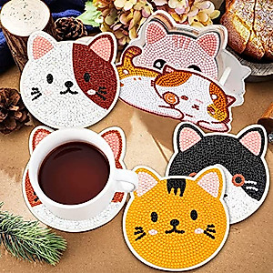 FEELOOK Diamond Painting Coasters with 3D Holder 6Pcs Cat Coasters DIY Diamond Art Crafts for Adults Kids and Beginners Art Craft Supplies Gift