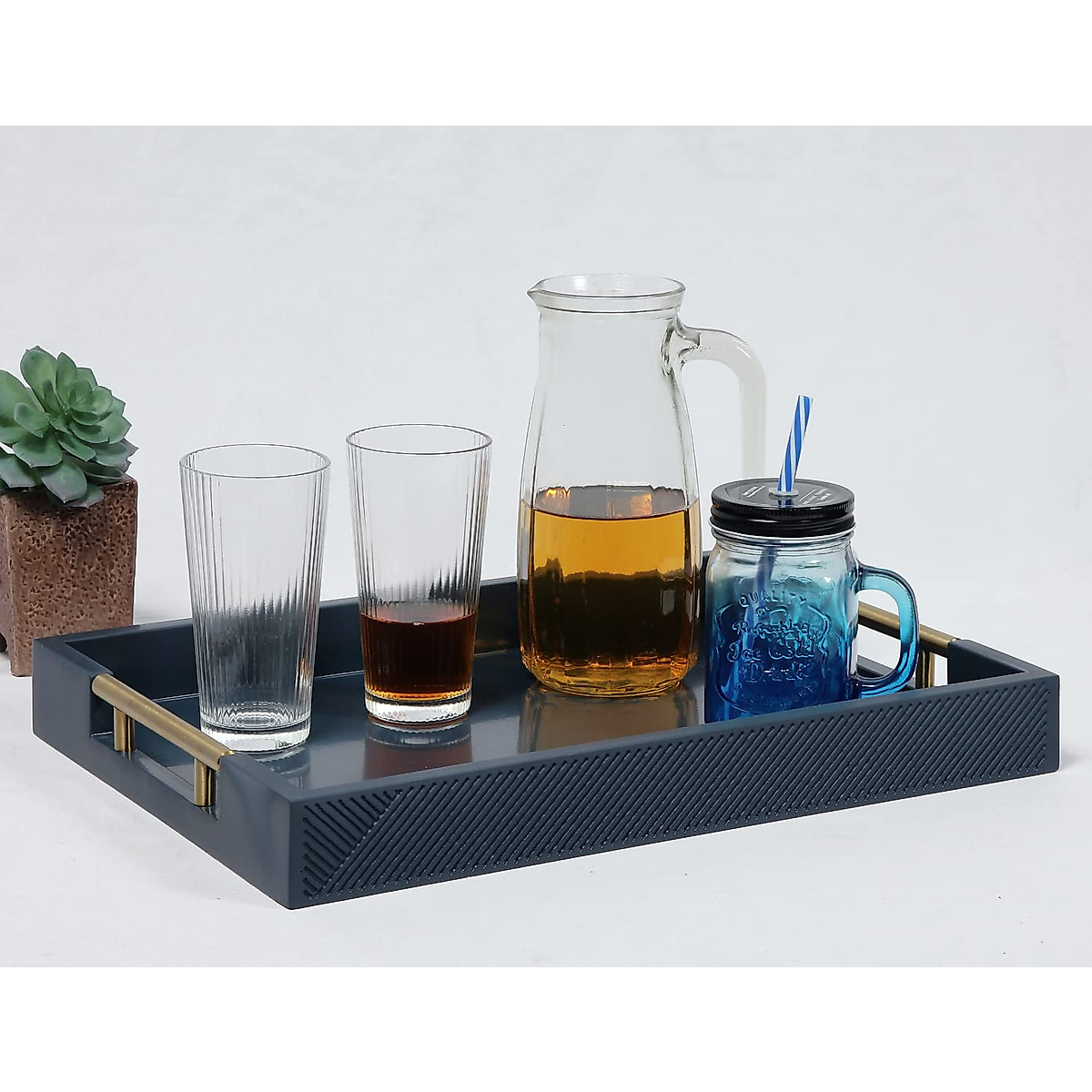 Serving Tray with Polished Metal Handles, 16.5''x12'' Rectangle Coffee Table Tray, Modern Decorative Tray, Large Ottoman Tray, Perfect for Storage and Display (Blue)