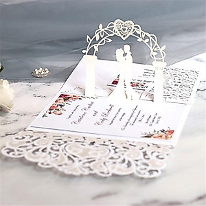 NC 10sets 3D Pop Up Bride And Groom White Wedding Invitation Card Laser Cut Pocket Floral Engagement Invitations with Envelope & Inner Paper (White), 18x12.5CM