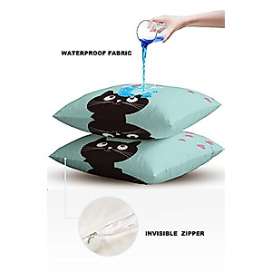 Outdoor Waterproof Pillow Covers for Patio Furniture Lovely Cat and Heart Decorative Throw Pillow Cover Cartoon Heart Design Pattern Pillowcases Set of 2 Cushion Case for Sofa Couch Chair 16x16 in