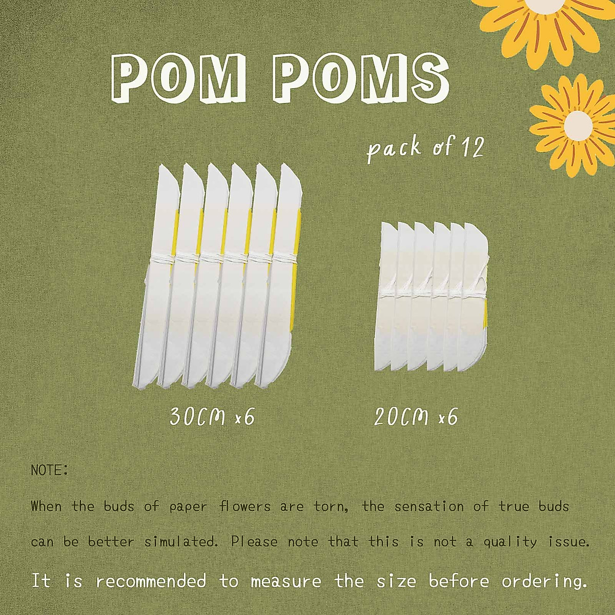 12Pcs Daisy Tissue Paper Pom Poms Flower 12" 8" for White Yellow Flowers Themed Birthday Party Sunshine Wall Hanging Baby Shower Bridal Country Wedding Party iwlorys