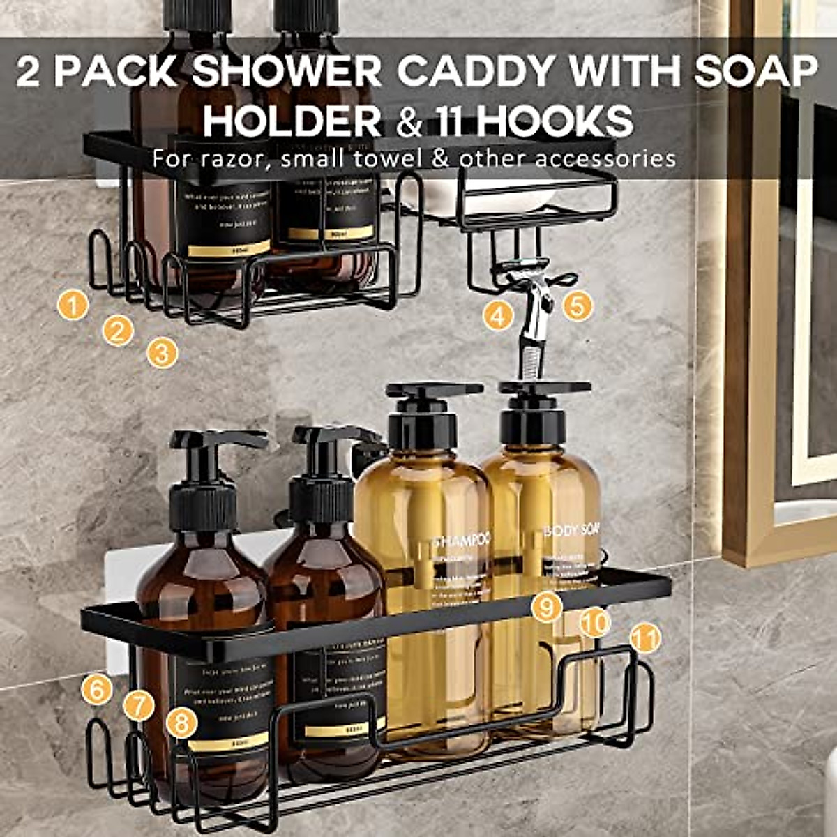 Shower Caddy 2 Pack with Soap Holder, Adhesive Shower Caddy Shelf with 11 Hooks, Wall Mounted Bathroom Shower 0rganizer Stainless Steel No Drilling Black Shower Rack Basket for Inside Shower, Kitchen