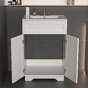 Bathroom Vanity with Sink 24 Inch, Wooden Double Door Bathroom Storage Vanity, Small Quick Assembly Bathroom Cabinet, White & Grey, White - Faucets and Downpipes Not Included (White)