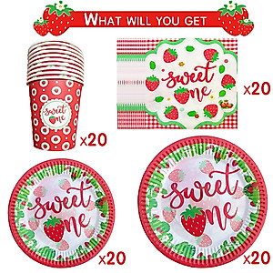 Strawberry Theme Birthday Decoration, Sweet One Birthday Supplies. 40pcs Paper Plates, 20pcs Cups. 20pcs Napkins, Strawberry Themed Plates,Cups And Napkins,Serve 20 Guests