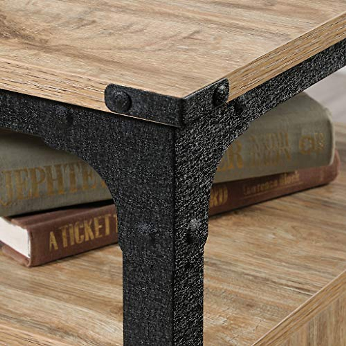 Sauder Steel River L-Shaped Desk, L: 59.84" x W: 57.32" x H: 29.53", Milled Mesquite Finish