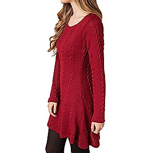 Women Fashion Cable Knitted Sweater Long Sleeve Crew Neck Pullover Dress Large WineRed