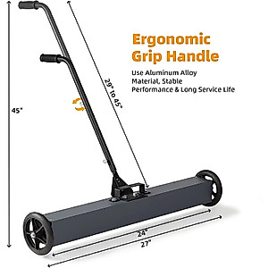 Rolling Magnetic Sweeper 24-inch with Wheels, Push-Type Magnetic Pick-Up Sweeper Quick Release Latch 24-inch Large Magnet Pickup Lawn Sweeper with Telescoping Handle Magnetic Pickup Tools
