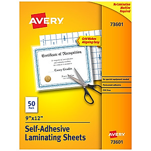 Avery 73601 Self-Adhesive Laminating Sheets, 9 x 12 Inch, Permanent Adhesive, 50 Clear Laminating Sheets