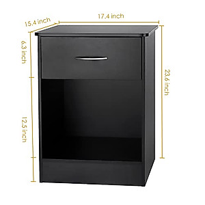 TUSY Black Nightstand with Drawers, End Table Bedroom Side Tables Bedside Cabinets, File Cabinet Storage with Sliding Drawer and Shelf for Home Office