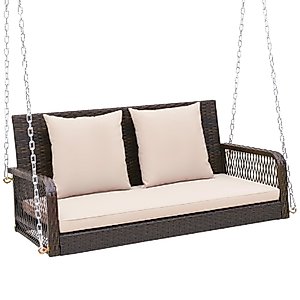 Tangkula Wicker Outdoor Porch Swing, 800 LBS Capacity Outdoor Swing Bench with Hanging Chains, Back and Seat Cushions, 2-Seater Hanging Patio Bench for Deck, Garden, Yard (Beige)