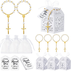 100 Pieces Rosaries Baptism Sets Including 25 Pcs Mini Rosary 25 Pcs Cross Favor Boxes 25 Pcs Organza Gift Bags and 25 Pcs Thank You Kraft Tags Guest Return Gifts for Baptism Wedding Decor(Gold)