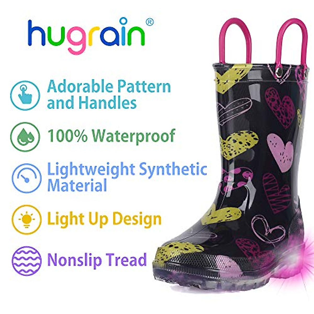 HugRain kids Girls Rain Boots Toddler Light Up Printed Waterproof Shoes Lightweight Adorable Cute Pink Heart Rubber with Easy-On Handles and Insole (Size 2,Black)