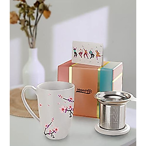 immaculife Tea Cup with Infuser and Lid for Steeping Loose Leaf Tea Bag Coffee Milk Women Office Home Gift 16oz Peach Blossoms