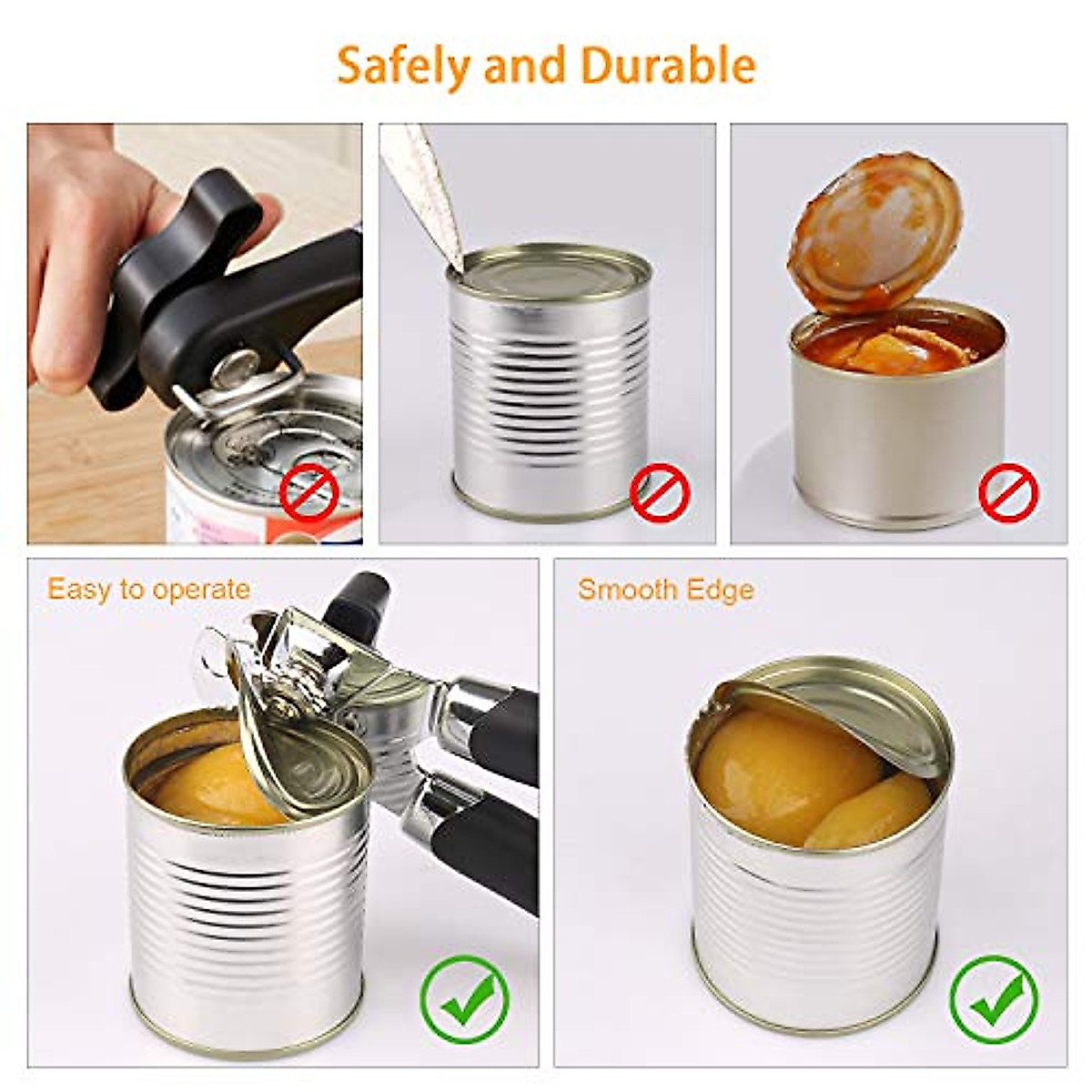 KzGrit Manual Can Opener, Food-Safe Stainless Steel, Smooth Edge, Tin Lids Jar Bottle Caps Openers with Non-Slip Handle and Ergonomic Turning Knob for Elderly with Arthritis(Black)