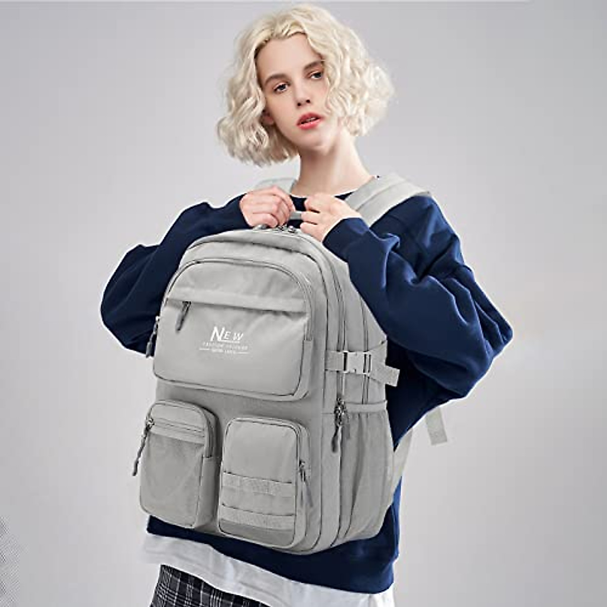 El-fmly Big School Backpack Bookbag for Teen Students, Multi Pockets Water Resistant Casual Daypack with 15.6 inch Laptop pocket for Travel(Grey)