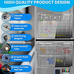 Magnetic Acrylic Calendar for Fridge - 2 pcs Clear Dry Erase Calendar for Weekly & Monthly Planning with 8 Colours Markers, Dry Erase Board with Magnetic Holder and Eraser (16"x12")