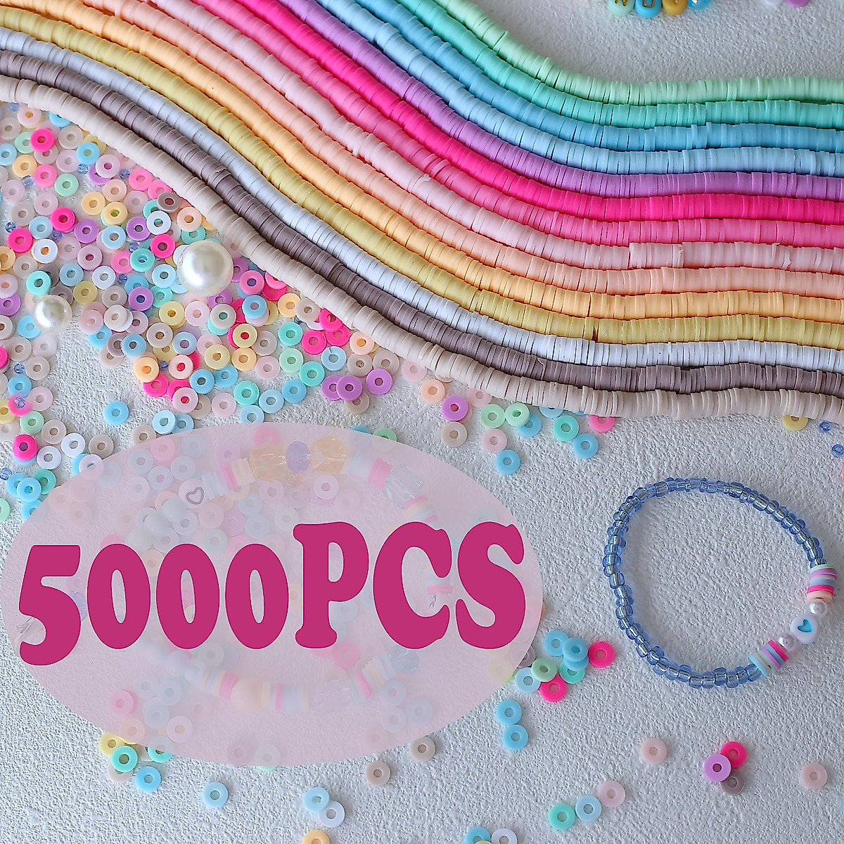 HERZWILD 5000Pcs Clay Beads for Bracelets Making 14 Strands Polymer Clay Beads Disc Flat Heishi Beads Round Colorful Handmade Spacer Beads for Jewelry Making DIY Friendship Bracelet Necklace Earrings