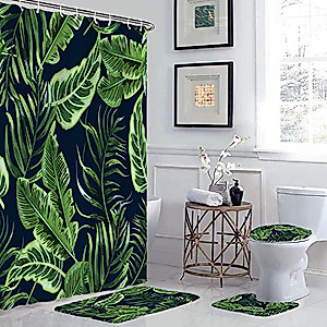 4 Pcs Tropical Plant Shower Curtain Set, Modern Bathroom Sets with Rugs and Accessories, Green Palm Leaf Bathroom Set Banana Leaves Bathroom Decor, Summer Hawaiian