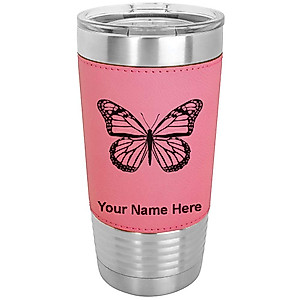 LaserGram 20oz Vacuum Insulated Tumbler Mug, Monarch Butterfly, Personalized Engraving Included (Faux Leather, Pink)