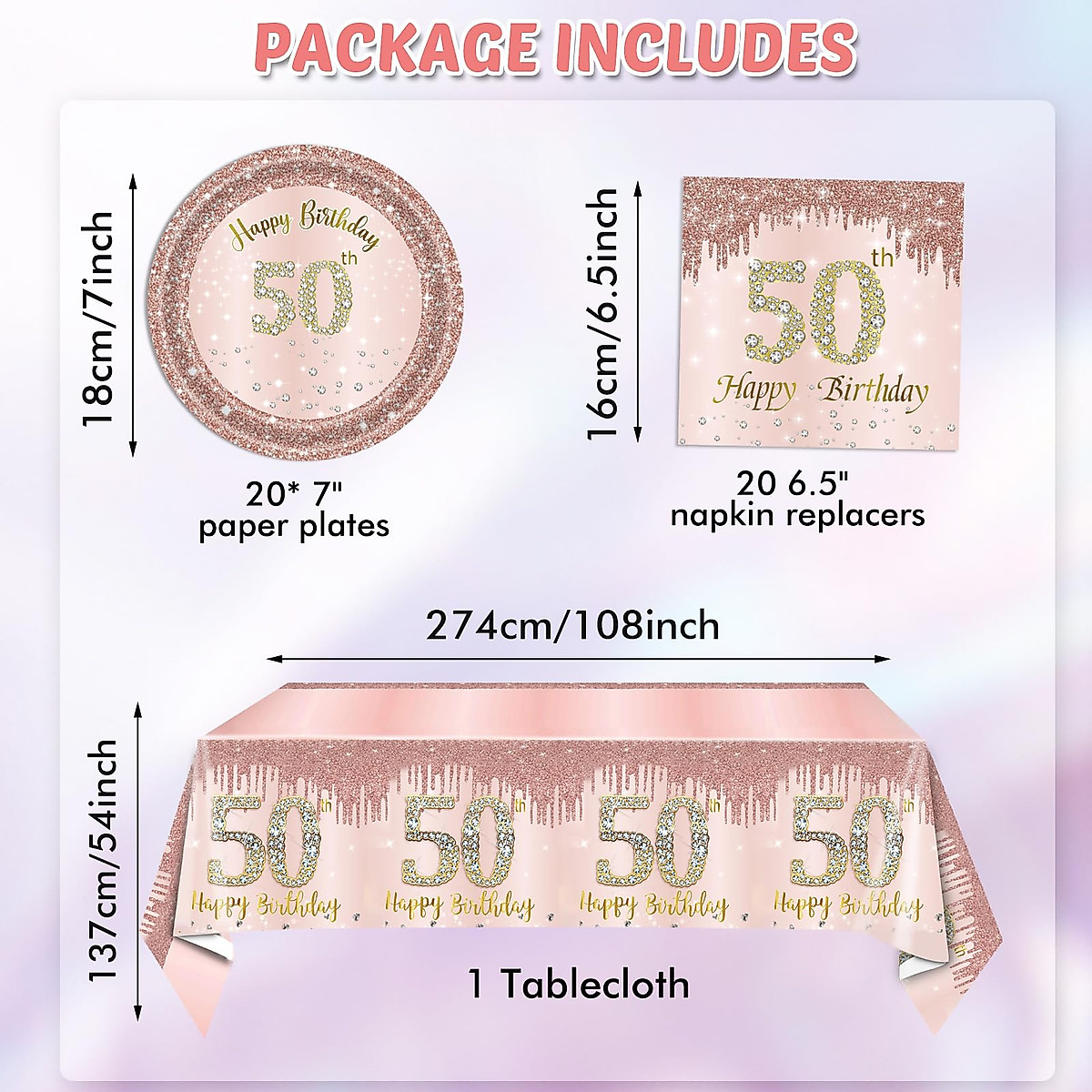 50th Birthday Decorations for Women Rose Gold Birthday Supplies 50th Birthday Tableware Set Include 50th Rose Gold birthday plates and napkins Tablecloth Fifty Birthday Party Decorations Favors for Women