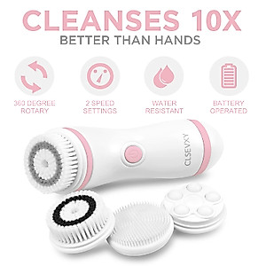 Waterproof Facial Cleansing Spin Brush Set with 4 Interchangeable Brush Heads - Electric Face Scrubber Cleanser Brush by CLSEVXY - Face brush for Deep Scrubbing, Gentle Exfoliating and Massaging
