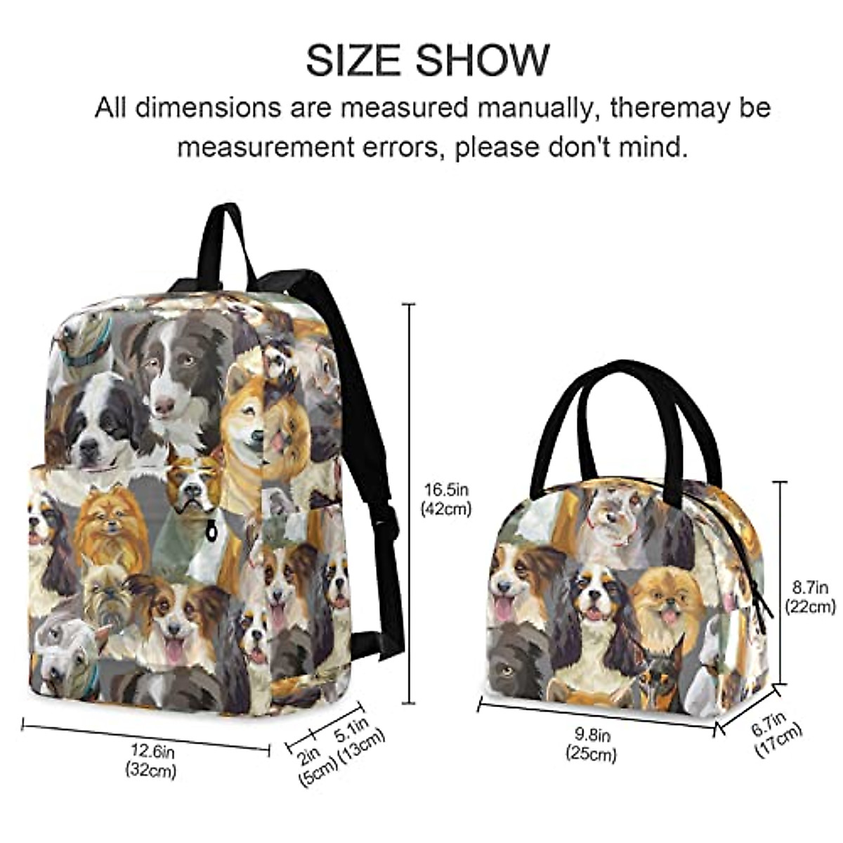 FOLIOSA Kid's Backpack Lunch Bag Set Dog To See Print， Large Capacity Insulated Scratch-Resistant Backpack with Lunch Kit for School Work Suits for 6+ Years Teenager Boys Girls