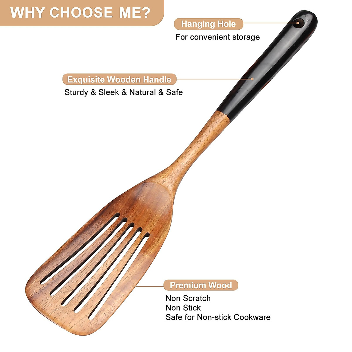 2 Pcs Best Wooden Spatula Set for Cooking Kitchen Slotted Turner Spatula Flat Wood Wok Spatula Non Stick Cooking Utensils for Frying Mixing Teak Fish Spatula Turner Black Egg Flipper Spatulas