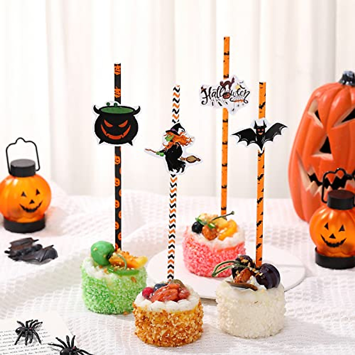 Hotop Halloween Party Supplies Includes 56 Disposable Paper Drinking Straws, 64 Halloween Pattern Cards & 100 Self Adhesive Dots, Pumpkin, Wave, Bat & Stripe Straws for Halloween Party Favors
