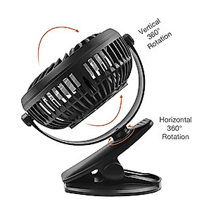 AJOYEUX Battery Operated Clip on Fan, Portable Rechargeable Personal fan (5 inch) for stroller, camping, cart seat, gym, Black