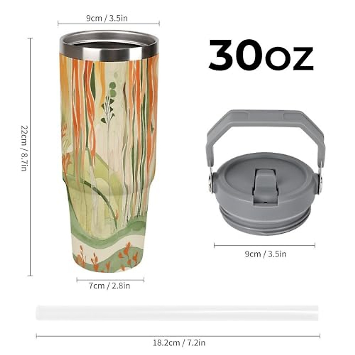 ZJCDPBR 30 Oz Tumbler with Foldable Handle And Flip Straw,Green Line Art Vacuum Insulated Travel Coffee Tumblers,Stainless Steel Leak-Proof Water Bottle,Fits in Cup Holder,Keep Cold 24H & Hot 12H
