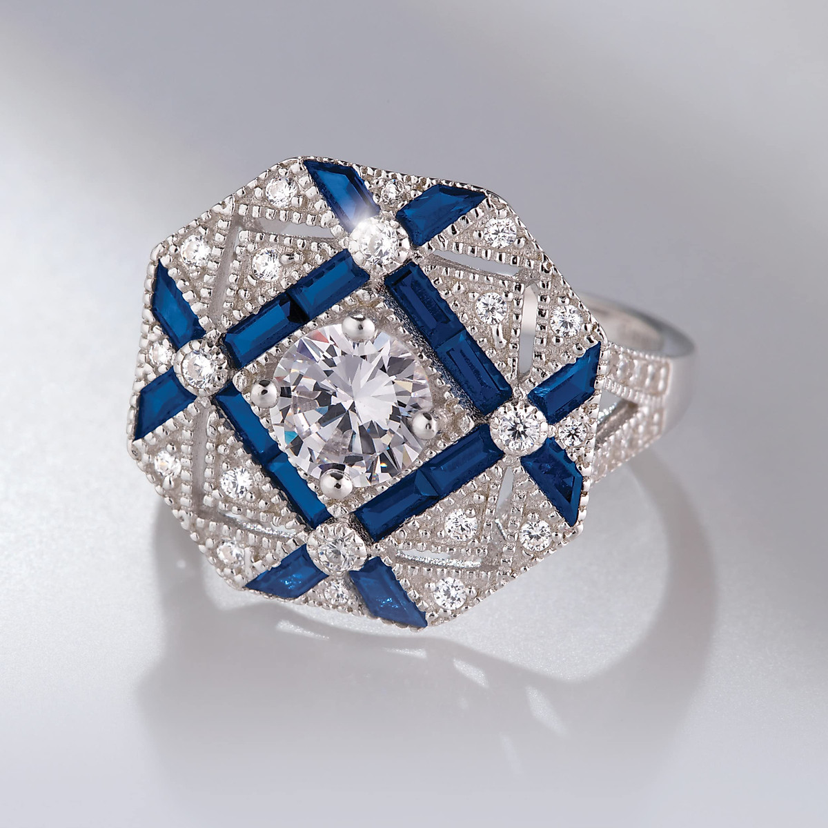 Scienza Resurgence Art Deco Ring for Women – Rhodium Plated Sterling Silver Ring w/Blue Baguette Stones – Blue Spinel & White Cubic Zirconia Ring – Structured Crisscross Geometric Ring