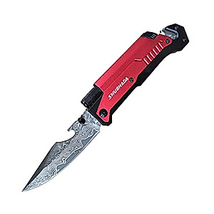 SHUBHADA Damascus Steel Folding Pocket Knives Multi Function Emergency Tool Knives Led Light Magnesium fire starter Seatbelt cutter Glass breaker Bottle opener (Red)