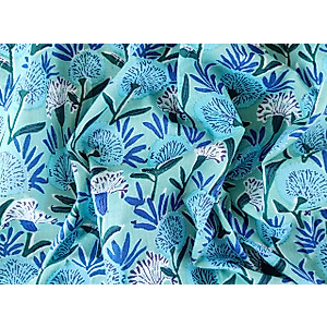 Craftbot Hand Block Print Fabric by The Yard - PRECUT 1 Yard 42 Inch Width - 100% Cotton Material - Aqua and Blue Floral Pattern - Light Weight Indian Cloth for Making Summer Dress Tops Project etc