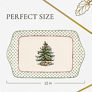 Spode Christmas Tree Collection Dessert Tray, Polka Dot Design, Serving Platter for Dessert and Side Dishes, Measures at 12-Inches, Dishwasher and Microwave Safe