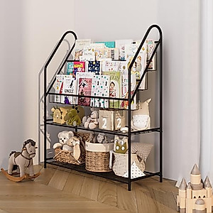 Emiosmt Black Bookcase for Children Metal Kids Bookshelves Modern Minimalist Toy Storage Large Bookshelf for Bookstore Bedroom, Classroom Furniture, Living, Library, Book Display Rack