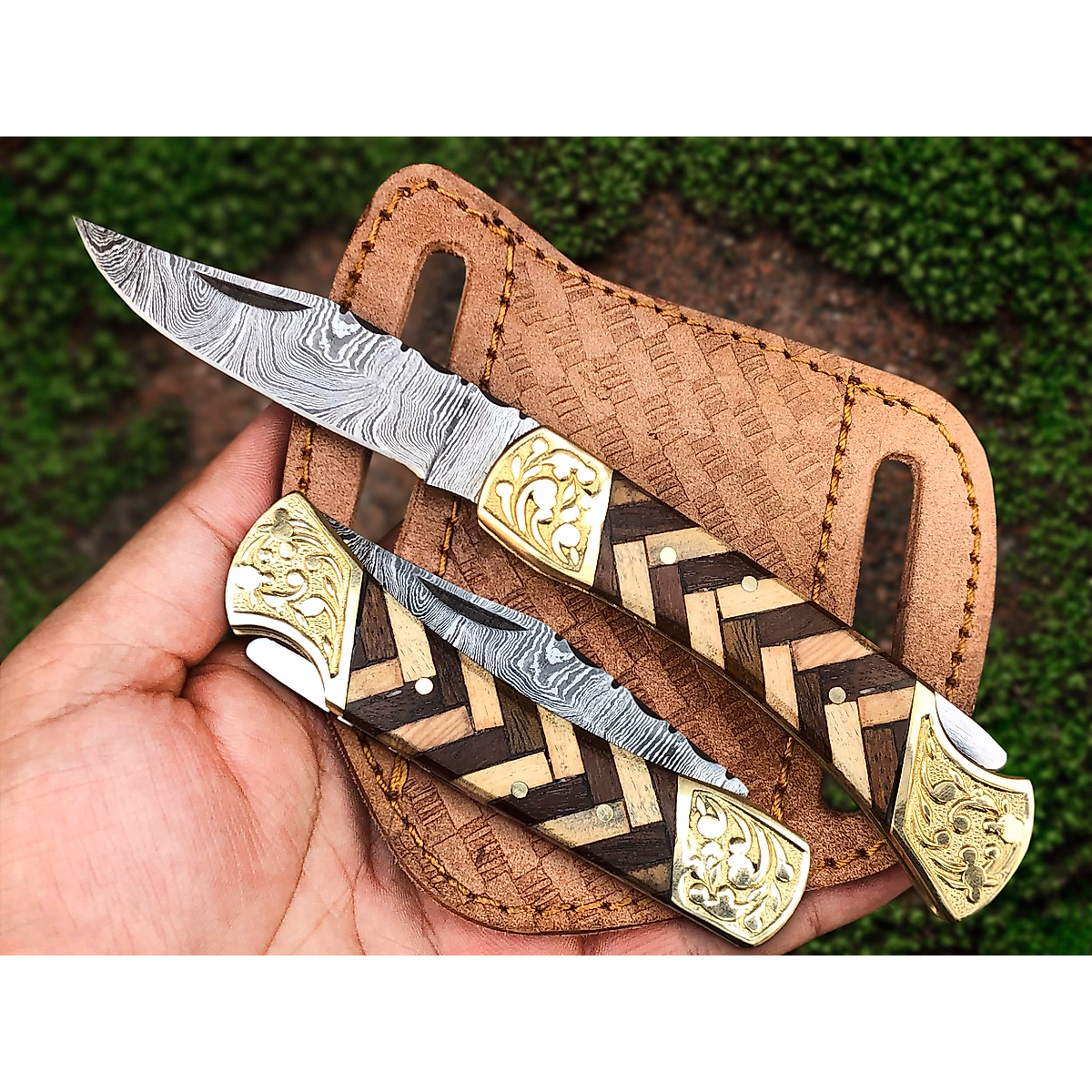 WARLOCKS CLUB Handmade Damascus Pocket Knife with Sheath, 7" Folding Hunting Knife with Wood Handle, Small Camping Knife for Outdoor