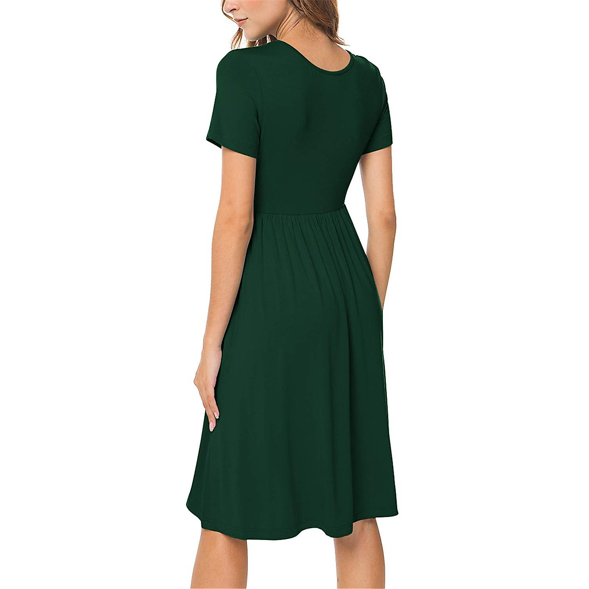 DB MOON Women Summer Casual Short Sleeve Dresses Empire Waist Knee Length Dress with Pockets (Dark Green, S)