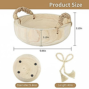 AllReal Paulownia Wood Bowl Rustic Wooden Dough Bowl for Decor Decorative Round Serving Key Bowl with Rope Handle and Wood Bead Garland for Tabletop Centerpiece Home Decor 9.5 inches