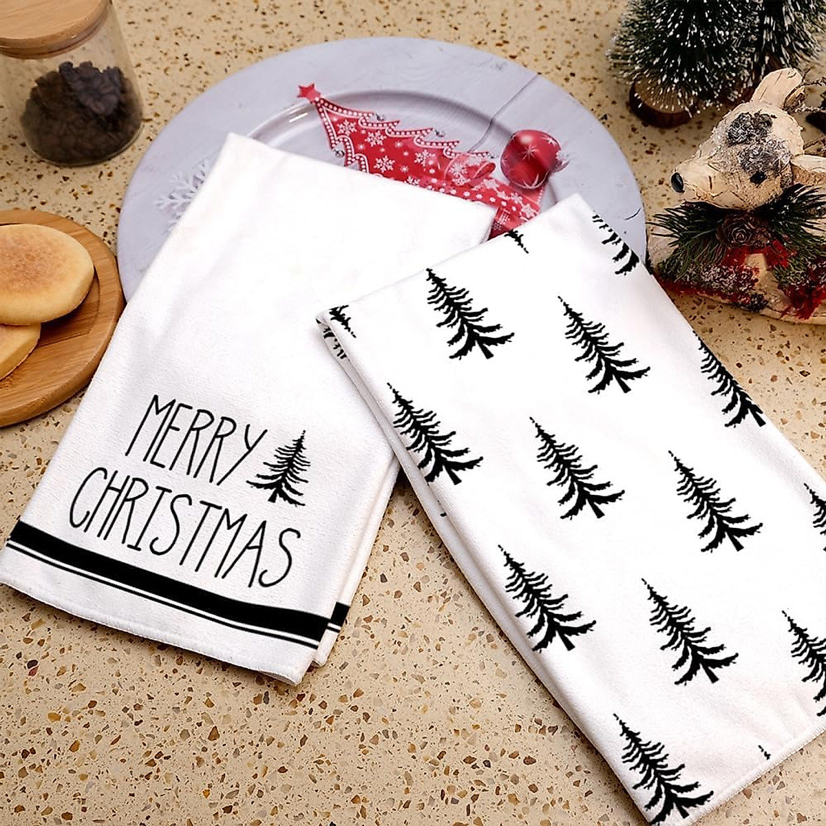 ARKENY Christmas Kitchen Towels Set of 2,Black Xmas Tree Dish Towels 18x26 Inch,Hoilday Farmhouse Home Decoration AD101