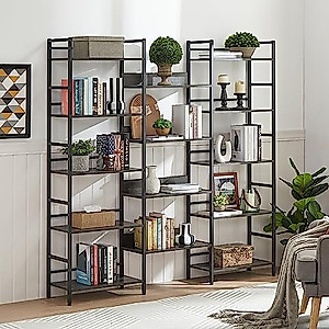 5-Shelf Wide Bookshelves, Industrial Retro Wooden Style Large Open Bookcases, 69.3''L x 11.8''W x 70.1''H, Dark Grey