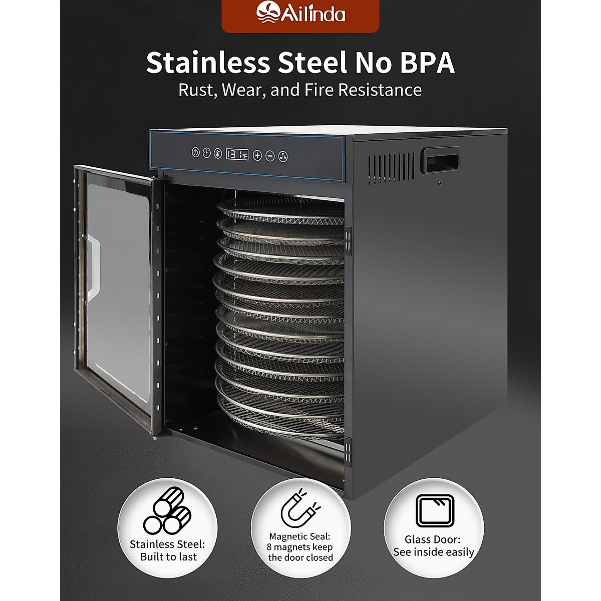 Food dehydrator, 12-layer stainless steel rotating dehydrator, suitable for food, jerky, dog food, herbs, vegetables, fruits, temperature function, 24-hour timer, overheating protection