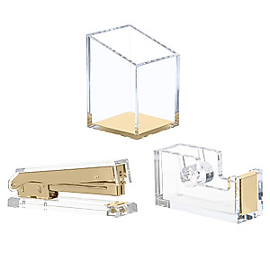 Punch & Stick | Stationery & Desk Accessories | Pen Holder, Stapler & Tape Dispenser | Gold & Clear Acrylic Lucite | Office Desk Accessories | Office Gift Set