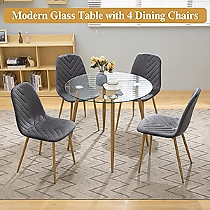 Nopurs Glass Dining Table Set for 4 - Modern Round Kitchen Dining Room Sets V-Shaped Upholstered Chairs with Metal Legs for Kitchen Dining Room Breakfast Nook, Dark Grey