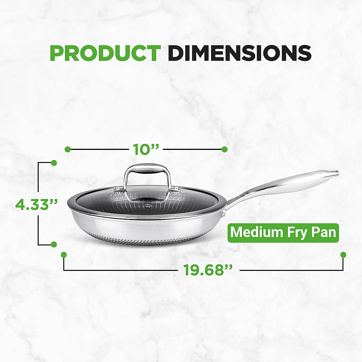 NutriChef 10" Stainless Steel Frying Pan - Triply Kitchenware Stir Fry Pan Kitchen Cookware w/DAKIN Etching Non-Stick Coating, Scratch-resistant Raised-up Honeycomb Fire Textured Pattern NC3PL10